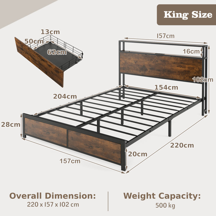 King Bed Metal Frame W LED Drawers Charging Station No Box Spring Needed
